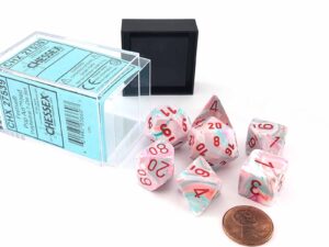 dnd dice set - chessex d&d dice-16mm festive: pop art & red limited edition plastic polyhedral dice set-dungeons and dragons dice includes 7 dice - d4 d6 d8 d10 d12 d20 d%, pink, (chx27539)