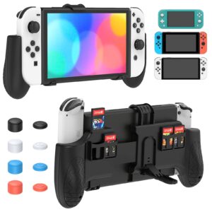 switch oled grip case compatible with nintendo switch/ switch oled/ switch lite - universal hand grip accessories with adjustable stand/ 4 game slots, 8 thump caps for joycon & switch control, black