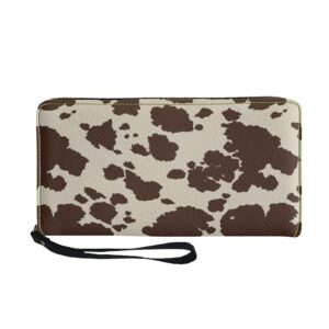 wanyint brown cow wallets for women animal fur pattern zipper long purse with removable wristlet, rfid blocking wallet