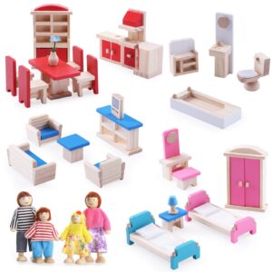 toydaze the wooden dolls house furniture set contains 35 pieces of dolls house accessories for girls and boys aged 3+