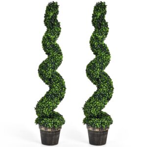 goplus 4ft artificial spiral boxwood topiary tree, 2 pack greenery large faux plant in cement-filled plastic pot, tall fake plant for indoor outdoor home front porch decor