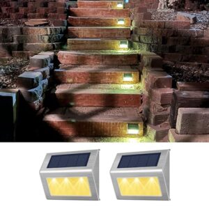 seable solar step light, waterproof led solar deck lights stainless steel solar fence lights for garden yard patio deck(warm light 2-pack)