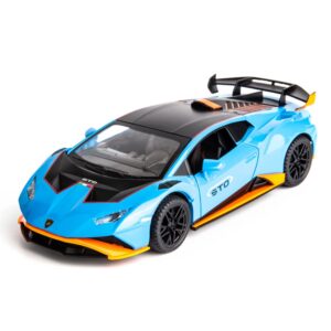 wakakac model car 1/24 scale compatible for lambo huracan sto die-cast toy vehicle pull back with light and sound toy car door can be open (blue)