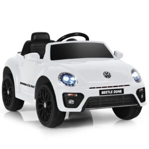 costzon ride on car, 12v licensed volkswagen beetle battery powered vehicle w/remote control, spring suspension, lights, usb, horn, music, 4 wheeler for boy girl gift, electric car for kids, white