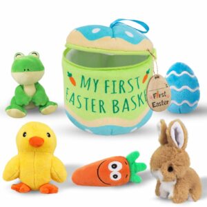 bunny chorus easter basket playset, 6ct stuffed plush bunny chick carrot egg frog for baby girls boys, easter theme party favors stuffers gifts, easter decorations party supplies