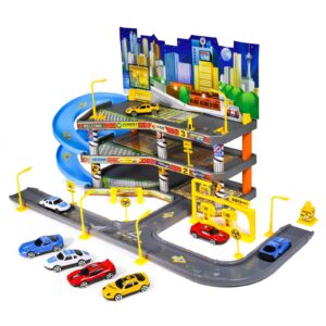 kidplokio ultimate toy car garage diecast vehicle playset with 4 diecast cars, boys ages 3+