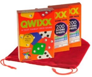 deluxe games and puzzles qwixx dice game, 2 replacement scoresheet packs, red velvet drawstring pouch, bundled items