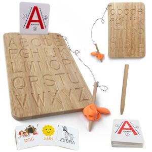 montessori alphabet tracing board, oak made come with 26 pcs cards & pen grip toddlers double-side learning toys abc 3+ kids preschool practice materials letters writing homeschool