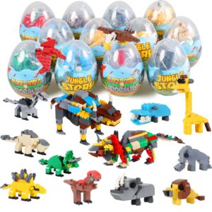 12 pcs pre filled easter eggs with jungle animals dinosaurs building blocks, 3.25" eggs for easter basket stuffers, easter party favors, easter egg hunt, classroom events, science stem gift