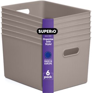 superio ribbed collection - decorative plastic open home storage bins organizer baskets, x-large taupe (6 pack) container boxes for organizing closet shelves drawer shelf 22 liter/23 quart