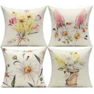 wokani throw pillow covers 18x18 set of 4 easter spring bunny rabbit daisy flowers ladybug decorative cushion cases garden home décor for patio sofa couch chair porch