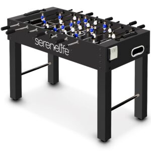 serenelife 48in competition sized foosball table, soccer for home, arcade game room, 2 balls, 2 cup holders 2x4ft for man cave or basement - standing or tabletop, black