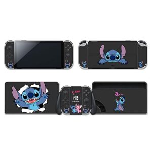 stitch vinyl skin decal stickers for nintendo switch oled model 2021, anime protector wrap cover protective faceplate full set console joy-con dock (223)