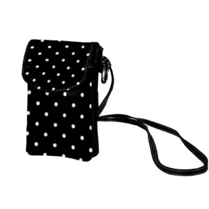 little white polka dots on black small crossbody bag for women girls, genuine leather cell phone purse wallet bag, mini shoulder bag