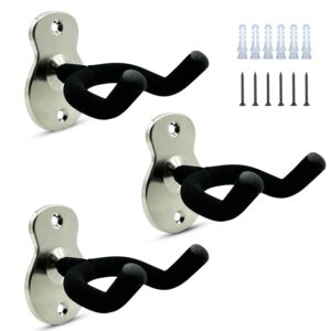 depointer depointer guitar wall mount hanger 3-pack,metal guitar hanger, guitar bracket with protective sponge, guitar holder stand suitable for bass/guitar/banjo/ukulele- silver