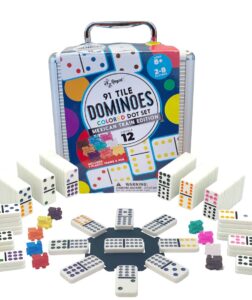 regal games - double 12 mexican train dominoes - colored dots set - fun family-friendly dominoes game - includes 91 tiles, collector's case & plastic hub w 9 plastic trains - ideal for 2-8 players