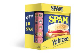 yahtzee spam brand | collectible yahtzee game as iconic spam can with custom dice | dice featuring fried spam, spam musubi, spam fries | travel yahtzee game & dice game