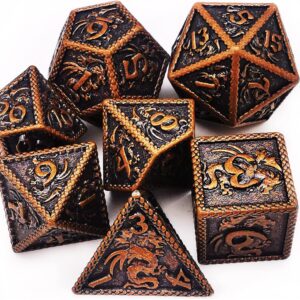 mjdiceok dragon metal dnd dice set 7 role playing dice solid d&d dice red copper