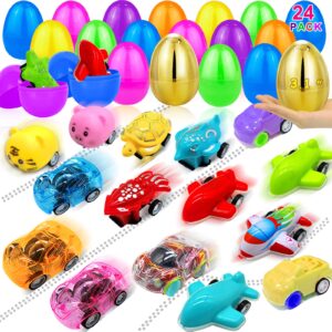 [ 1 golden egg ] 24 pack filled easter eggs with pull back cars toys inside 24 styles vehicle plastic surprise eggs for kids toddlers easter basket stuffers fillers easter eggs hunt party favor gift