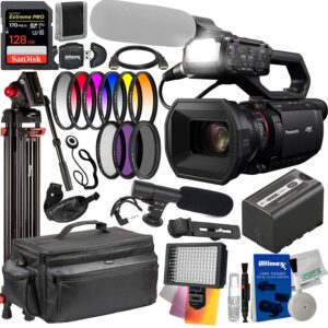 panasonic intl. hc-x2000 uhd 4k 3g-sdi/hdmi pro camcorder + 128gb memory card, condenser microphone, deluxe 72” video tripod, spare battery, water resistant gadget bag & much more (22pc bundle)