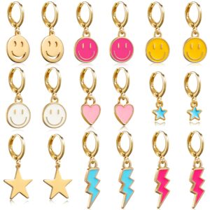 lietoi 9 pairs preppy earrings pack with colorful happy smile lightning bolt heart star charms pendants gold small huggie hoop dangle earrings trendy y2k preppy jewelry gifts for teens women