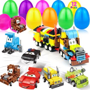 12 pack 3" large filled easter eggs with stem toy cars kids easter basket stuffers plastic surprise egg building blocks 6 in 1 transform construction vehicle easter toy boys girl egg hunt