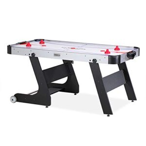 eros 5.5-foot folding air hockey table (jet black), perfectly sized, lightweight, durable, beginner/intermediate friendly, and available in two vibrant colors!