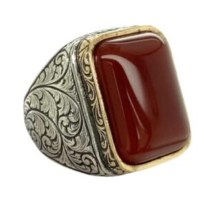 men handmade ring, red agate ring, dark aqeeq gemstone ring, ottoman style ring, 925k sterling silver, gift for him