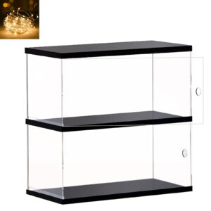 clear acrylic display case for mini funko pop figures with light, 2 layer storage cabinet shelf showcase for toys mini figures collectibles rock stone crystals, wooden black finish 10.2x4.7x11.4inch