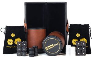 harbor loot pu leather double dice cup set – portable with carrying case, 2 dice cups, 2 dice bags, 12 large dice, and 30 chips