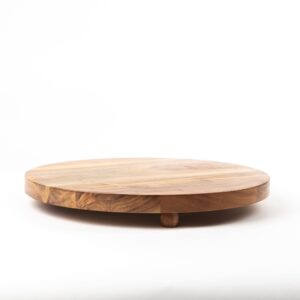 round acacia wood pedestal board, wooden decorative display tray with feet (16")