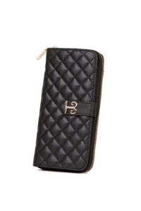 women's large capacity bifold wallet | 9 card holder and id window | quilted design soft textured zipped handbag for women | vegan leather purse (black)