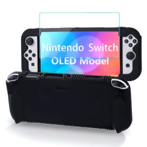 teyomi silicone case for nintendo switch oled with 2 game cards slots, [kids friendly] shockproof protective cover with tempered glass screen protector, ergonomic grip case for switch oled, black