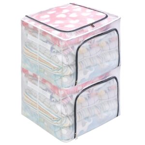 pengfull 2 pack pvc clear window storage bins,large foldable storage bins boxes with steel frame, stackable container organizer set with carrying handles,2 clear windows,front window take out, 66l