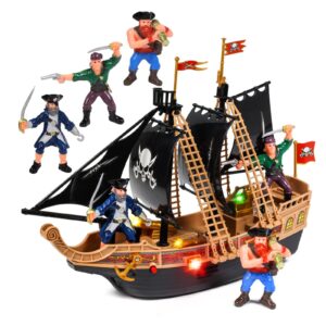 kidplokio toy pirate ship boat adventure playset with lights sounds action figures, black, boys, ages 3+