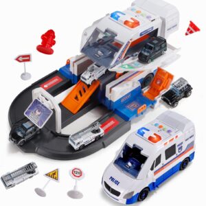 bbnote ambulance toy for kids, police car toy in 2 modes - car mode or track mode, car garage toys with 4 die cast mini cars