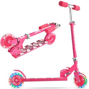 scooter for kids with led light up wheels, adjustable height kick scooters for boys and girls ages 3-12, rear fender break, folding kids scooter, 110lb weight capacity