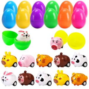 jialwen 12 pack easter eggs filled with animal pull back toy cars, easter basket stuffers surprise easter gifts hunt theme party favors classroom prize supplies