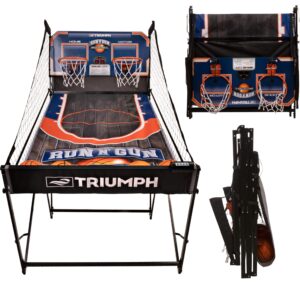 triumph sports run n gun arcade basketball shootout game fully and semi assembled out of the box fold out and play! folds 100% flat for complete storage fully portable, play inside or outside