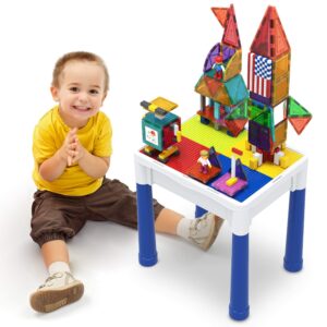 picassotiles 316 pcs activity table with magnetic tiles and building brick blocks, playset table with magnetic action figures & storage included, can be use as water & sand tables stem toys ages 3+