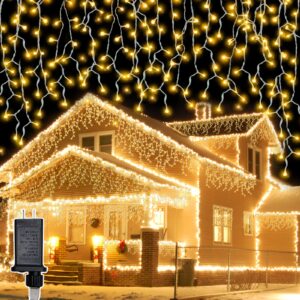 besstor 456led 35.4ft icicle christmas lights outdoor decoration, 8 modes 72 drops fairy string curtain decoration eaves window holiday yard garden indoor home (warm white) (jt-el/fc300v0240-c)