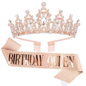 birthday queen sash and tiara for women crystal tiara and satin kit for girl rhinestones crown with comb glitter hair accessories for prom party decoration cake topper accessory set with pin (rose gold tiara and rose gold sash set)