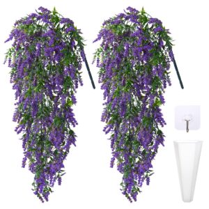 zfprocess fake hanging flower, 2pcs artificial lavender bouquet vine hanging plants fake ivy vine leaves for patio home bedroom wedding indoor outdoor wall decor(purple)