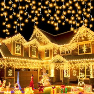 zofunny 378 led christmas icicle lights decor outdoor, 29.5 ft 8 modes 60 drops fairy string curtain lights dripping ice cycle lights xmas decor indoor home eave window holiday garden (warm white)