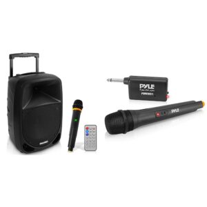 pyle 1000w portable bluetooth pa speaker & vhf wireless microphone system - professional battery operated handheld dynamic unidirectional cordless microphone transmitter set w/adapter receiver