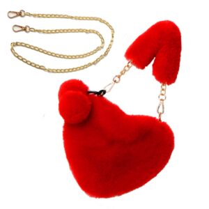 soft warm faux fur handbag fuzzy crossbody bag heart shape soft plush purse for winter women wallets (red)