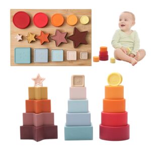 ibwaae soft silicone stacking toys set 15 pcs natural rainbow color nesting cups and silicone stacking cups montessori toy for baby（wooden base）