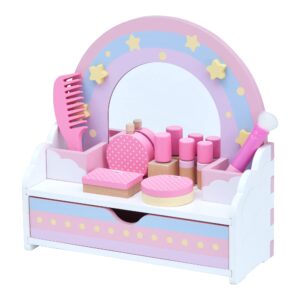 teamson kids little dreamer wooden rainbow play tabletop vanity with mirror and drawer plus 8 pretend cosmetic makeup accessories, pink, includes small parts