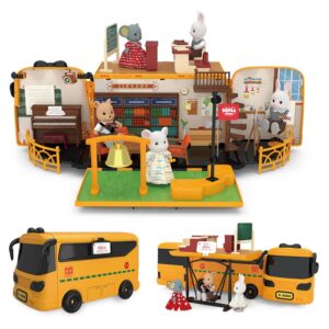 kids dollhouse playset - portable school bus doll house toys with 46 furniture accessories and critter animal doll, toddler pretend play educational car toys for boys girls birthday gift ages 4 5 6