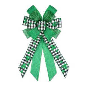 saint patrick wreath bows, st patrick glitter green clover black buffalo plaid bows for wreaths - large decor bows for saint patrick's day home garden indoor outdoor decoration ornament supplies